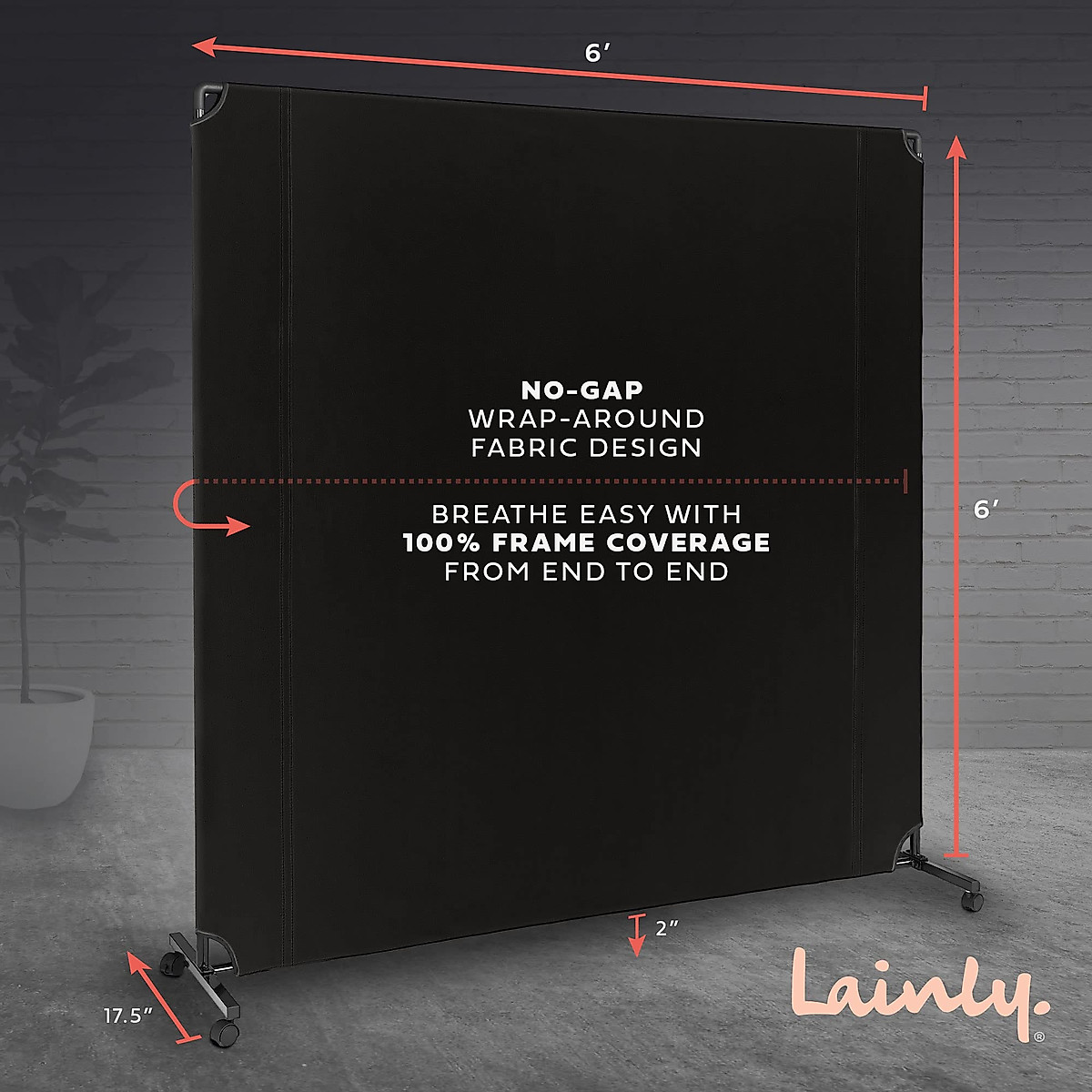 Lainly Rolling Room Divider Wall - Made in North America (6' L x 6' H, Black) Partition Room Dividers, Temporary Wall, Office Divider, Privacy Screen, Wall Divider & Room Divider Screen