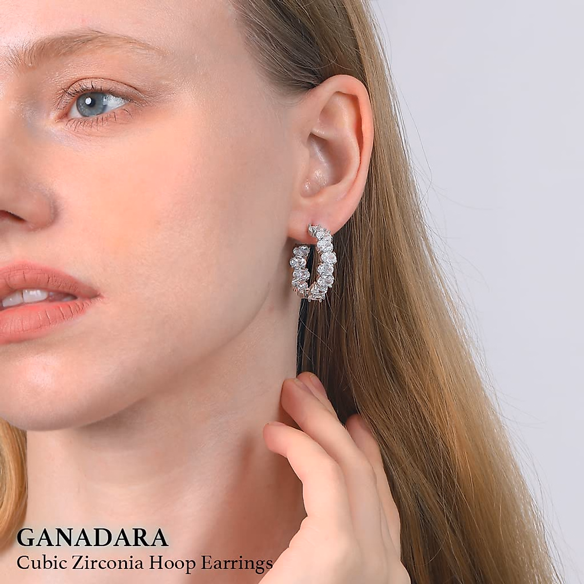 Cubic Zirconia Hoop Earrings for Women - CZ Inside-Out Open C Hoop Earrings with 14k Gold Plated Sterling Silver Post for Daily Party Wedding (Silver)