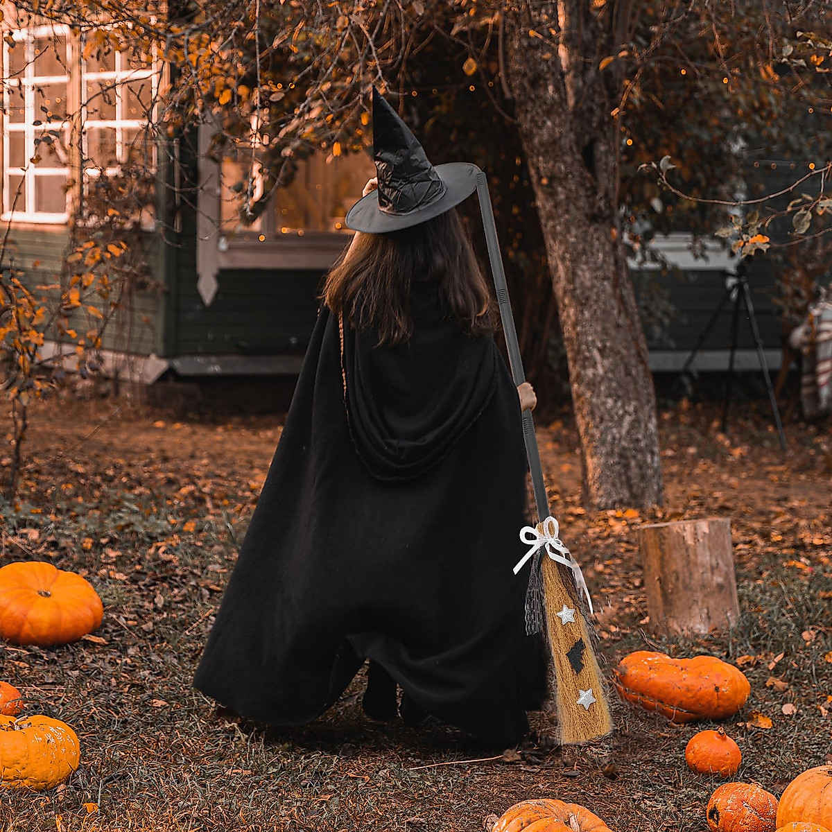 LOGOFUN Halloween Witch Broom Witch Broomstick with Ribbon Plastic Witch Broom Prop for Kids Adults Party Cosplay Costume Accessories - White