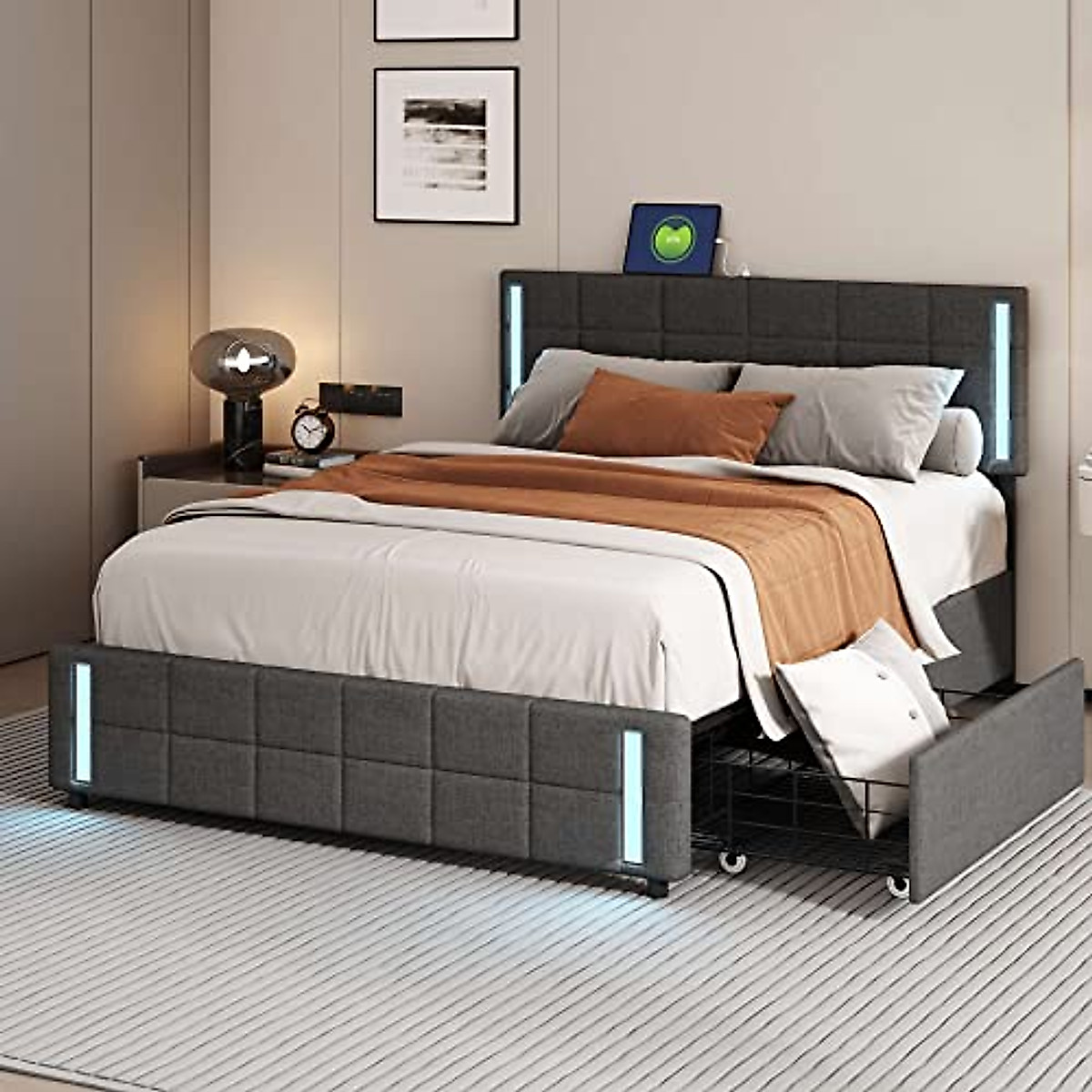 Harper & Bright Designs Queen Size Upholstered Platform Bed with LED Lights and USB Charger, Queen Storage Bed, Linen Platform Bed Frame with 4 Drawers, for Kids Teens Adults (Dark Gray)