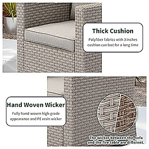 SUNBURY Outdoor 4-Piece Patio Furniture w Propane Fire Pit, Pearl Gray Rattan Conversation Set, 4 Blue Pillows w 32-inch Rectangle Wicker 40,000 BTU Fire Table w Glass Guard Fits 20 gal Tank Outside