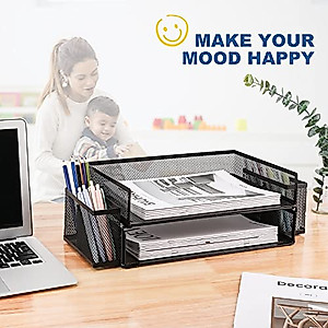ProAid Paper Letter Tray Organizer with 2 Pen Holders, 2 Tier Stackable Desktop File Organizer, Mesh Office Supplies Desk Organizer, Black