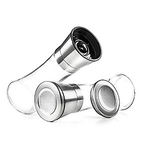 Levav Premium Salt and Pepper Grinder Set of 2 - Brushed Stainless Steel Pepper Mill and Salt Mill, Glass Body, SIze Grade adjustable ceramic rotor-salt and pepper shakers (tall)