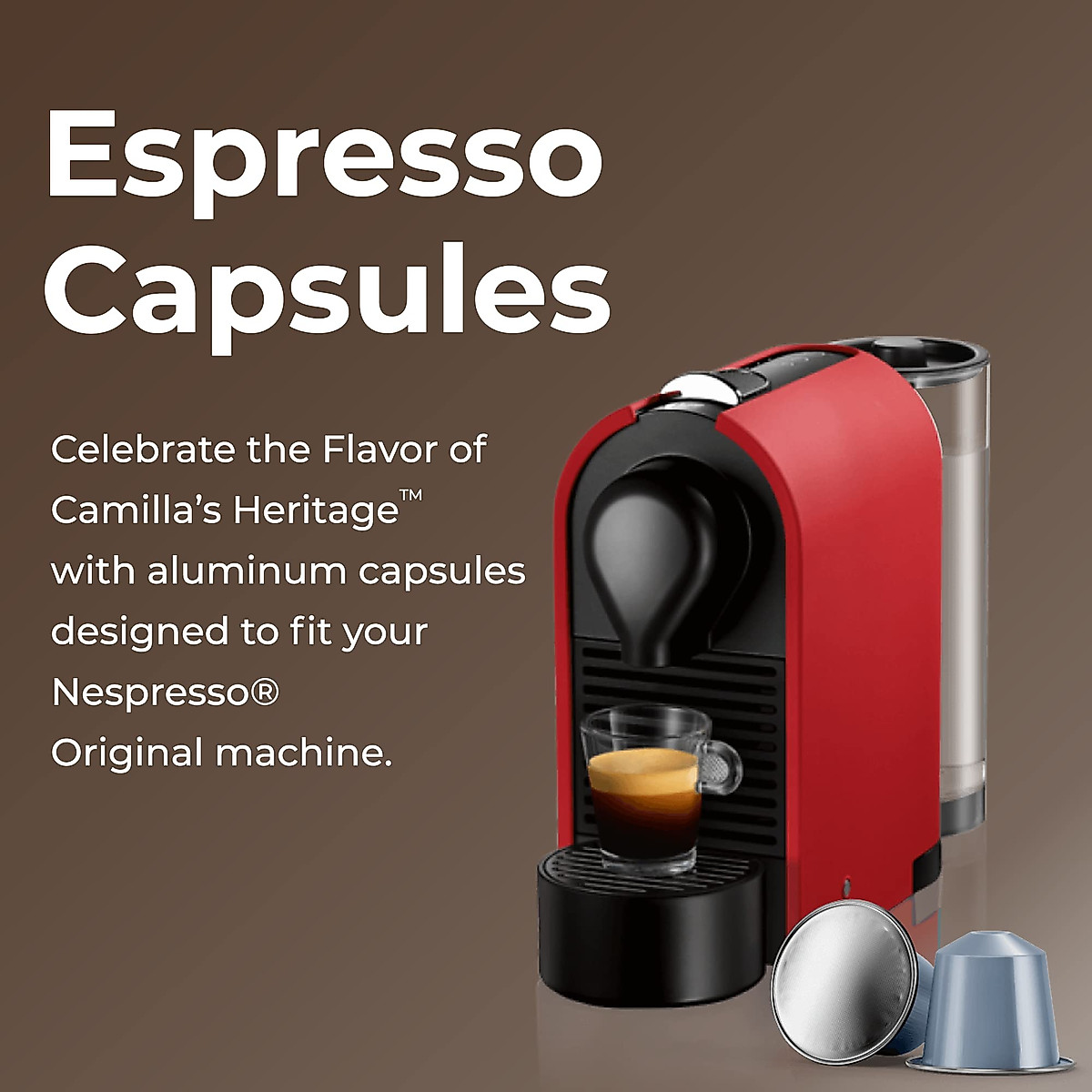 Camilla's Heritage Coffee, Espresso Capsules, 60 Flavored Coffee Pods, Medium Roast, Intensity 8, Single Cup Aluminum Coffee Cups, Nespresso Compatible Machine, Brews 1.35oz
