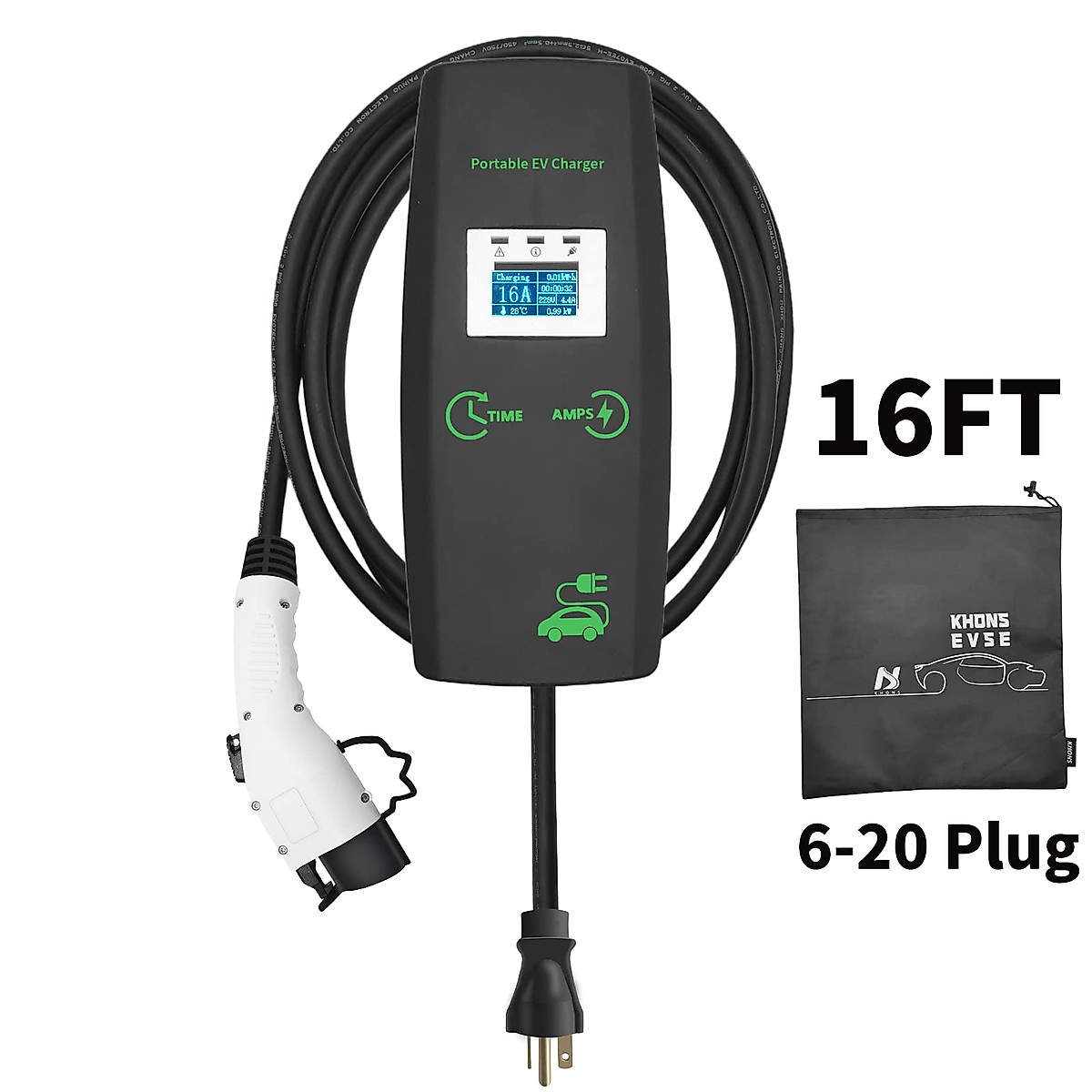 K.H.O.N.S. Portable EV Charger Level 2 J1772 6-20 Plug 16A/25FT Cable for Indoor and Outdoor Charing (G1S-5C)