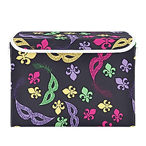 DOMIKING Mardi Gras Large Storage Bin with Lid Collapsible Shelf Baskets Box with Handles Toys Organizer for Bedroom Living Room Kid's Room