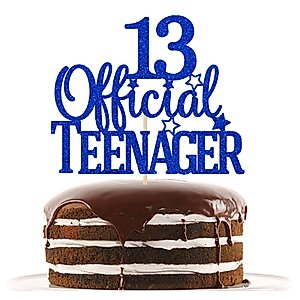 Blue Glitter 13 Official Teenager Cake Topper, Cheers to 13 Years Decor, 13th Birthday Party Decorations