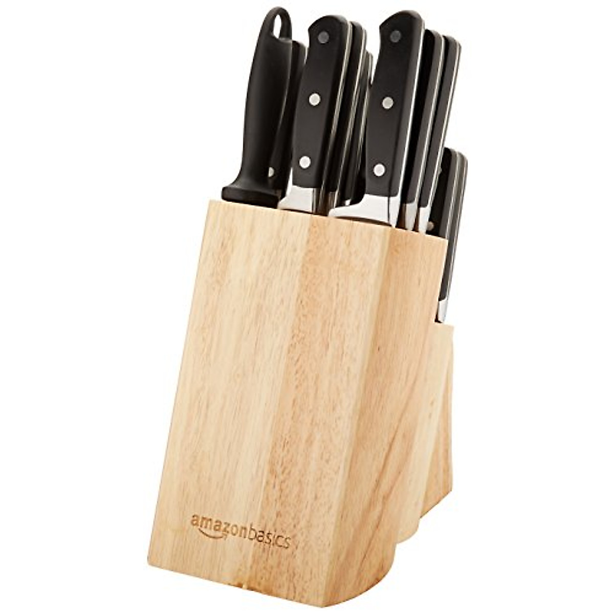 Amazon Basics 18-Piece Premium Kitchen Knife Block Set, High-Carbon Stainless Steel Blades with Pine Wood Knife Block