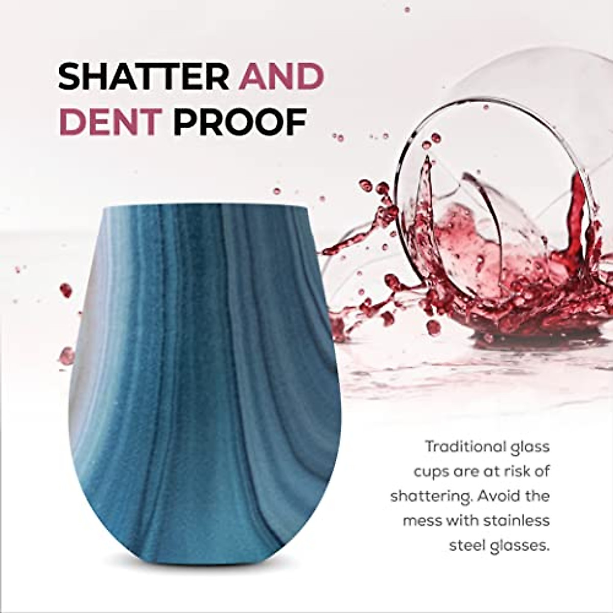Stainless Steel Unbreakable Wine Glasses - 18 Ounce Set of 4 Wine glasses. Premium Grade 18/8 Stainless Steel Red & White Stemless Wine Glasses set, (Exquisite Blue Marble)