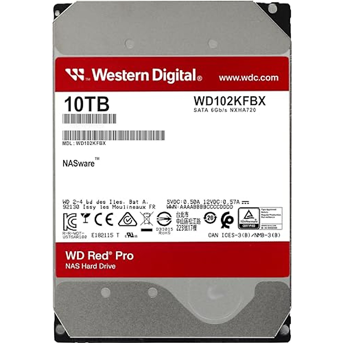 Western Digital 10TB WD Red Pro NAS Internal Hard Drive HDD - 7200 RPM, SATA 6 Gb/s, CMR, 256 MB Cache, 3.5" - WD102KFBX
