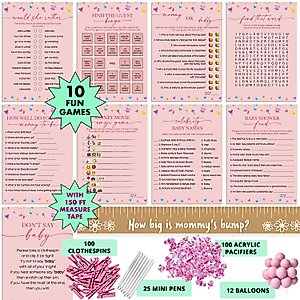 Baby Shower Games for Girl Dont Say Baby, Tummy Tape, Bingo Game Cards and Baby Shower Decorations for Girl, 10 Fun Games, 25 Pens, 100 Acrylic Pacifiers, Clothespins, Balloons