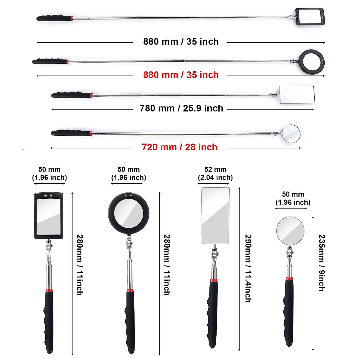 KABUDA 4PCS Telescoping Inspection Mirror LED Lighted Inspection Mirror for Mechanic Checking Vehicle, Car, Eyelashes, Mouth, Small Parts Observation (Extendable, Rectangle & Round)