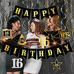 16th Birthday Decorations for Boys- Happy Birthday Banner Black and 16th Birthday Hanging Swirls, 16 Birthday Decorations Boy, 16 Birthday Decorations
