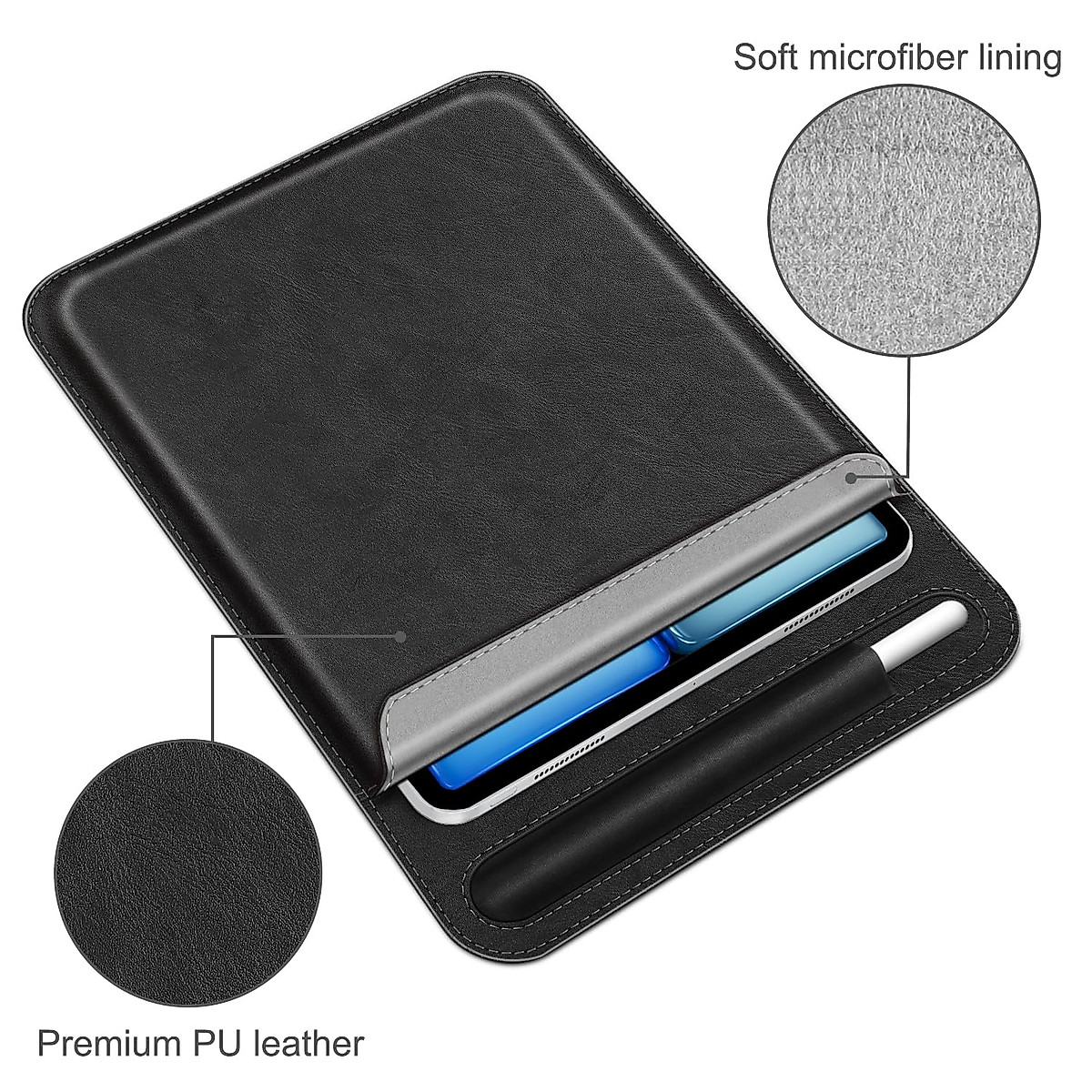 Fintie Sleeve with Pencil Holder for iPad Air 11 & Air 5/4, iPad 10th Gen / 9th Gen/Pro 11-inch, Slim Fit Vegan Leather Protective Cover Carrying Case Bag, Black