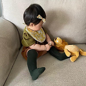 Cherssy Baby Girl Reversible Bibs, Boho Bibs with Crochet Lace and String Ties Pom Pom, Floral Cotton bibs for Newborn Infant Toddler, 2 Pack Mustard/Brown