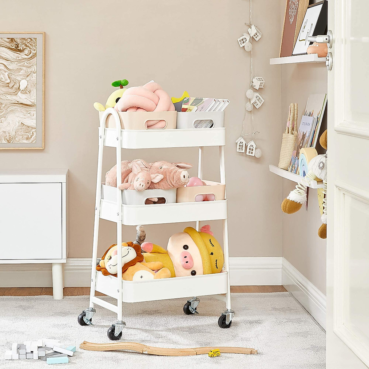 SONGMICS 3-Tier Rolling Cart, Metal Storage Cart, Kitchen Storage Trolley with 2 Brakes and Handles, Utility Cart, Easy Assembly, for Painting Utensils Bedroom Laundry Room, White UBSC068W01