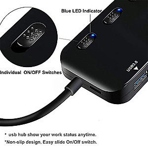 SHYPT USB 3.0 HUB 4 Ports Fast Speed Thin USB3.0 Splitter Cable LED Indicator Seperate Switches for PC Mouse Keyboard Computer