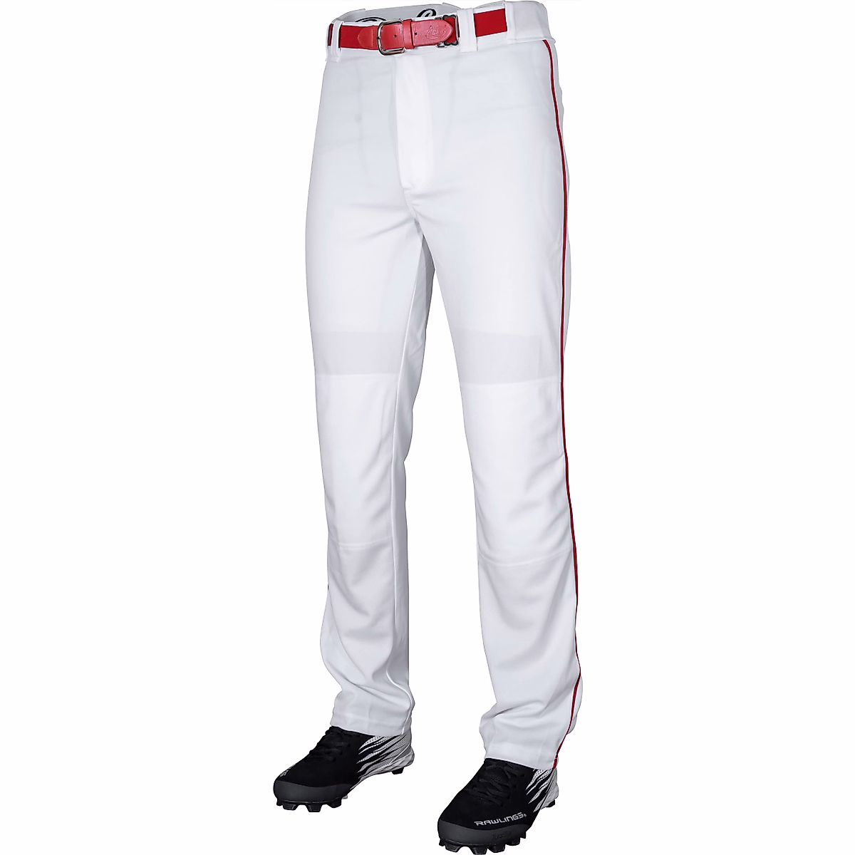 Rawlings | Semi-Relaxed Full Length Baseball Pant | Piped | Adult Small | White/Scarlet