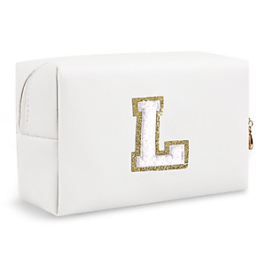 Personalized Initial Preppy Travel Makeup Bag Organizer, Small White Cute Cosmetic Bag Toiletry Zipper Pouch for Women, Portable Waterproof PU Makeup Case Birthday Gift for Female Women(Letter L)