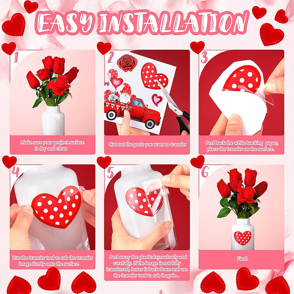 105 Pcs Valentine's Day Rub on Transfers Decor Stickers Transfers for Furniture Floral Scrapbook Stickers Iron on Transfers Decal Sticker for DIY Crafts Paper Wood Design, 5.9 x 5.9 Inch