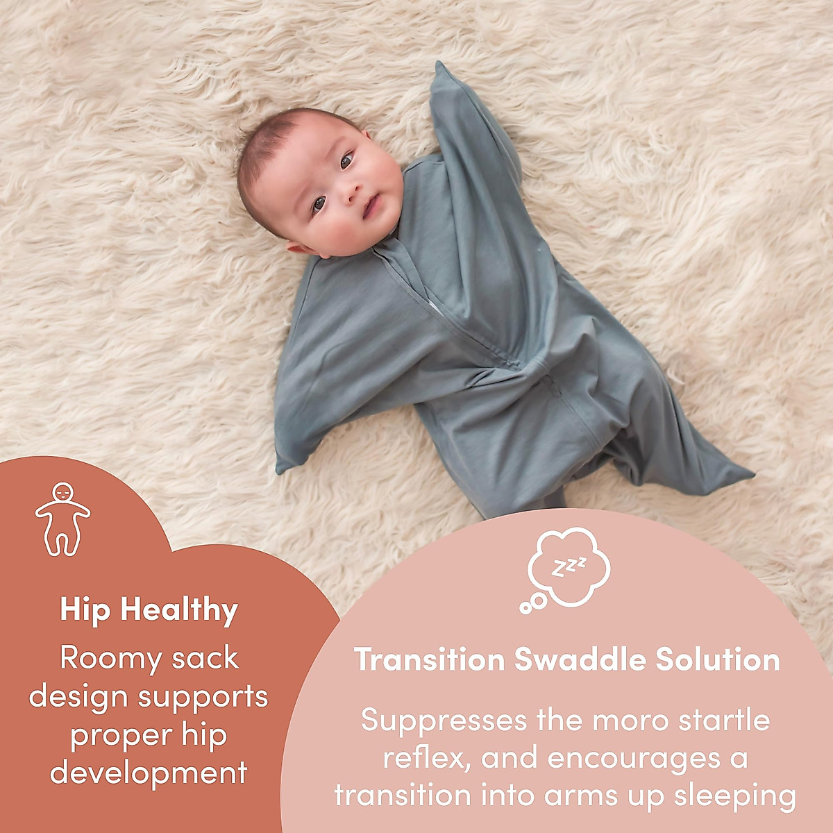 SleepingBaby Zipadee-Zip Cozy Transition Swaddle - with Zipper, Polyester, Spandex - Roomy Baby Wearable Blanket for Easy Diaper Changes - Classic Grey, Small (4-8 Month)