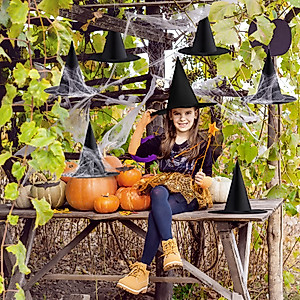 ADXCO 10 Pieces Halloween Black Witch Hat Wizard Hats with 10 Pack Halloween Spider Web Decorations and 109 Yards Hanging Rope for Halloween Party Supplies Halloween Indoor & Outdoor Decorations