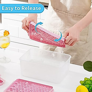 4 Pack Mini Round Ice Cube Tray, Ice Ball Maker Mold for Freezer with Container, Sphere Ice Cube Tray Making 99pcs Circle Ice Chilling Cocktail Whiskey Tea Coffee - Pink