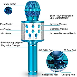 Winique Karaoke Microphone for Kids with Bluetooth & LED Lights - 5 in 1 Fun Toys Home KTV Birthday Party Player - Christmas Stocking Stuffers for Girls, Boys, and Teens(Blue)