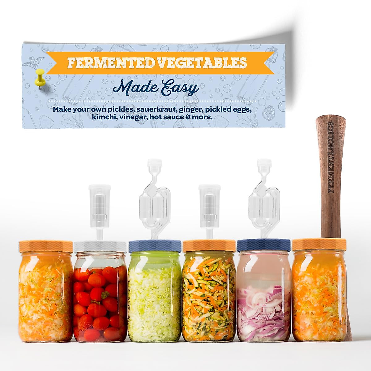 Fermentaholics 4-Pack Fermentation Lids with S Airlocks for Wide Mouth Mason Jars - Multicolored, Reusable, with Silicone Gaskets for Fermenting Vegetables, Sauerkraut, Kimchi & More