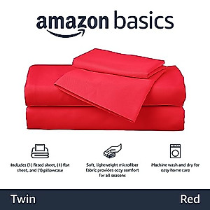Amazon Basics Kid's Soft Easy-Wash Lightweight Microfiber 3-Piece Sheet Set, Twin, Red, Solid