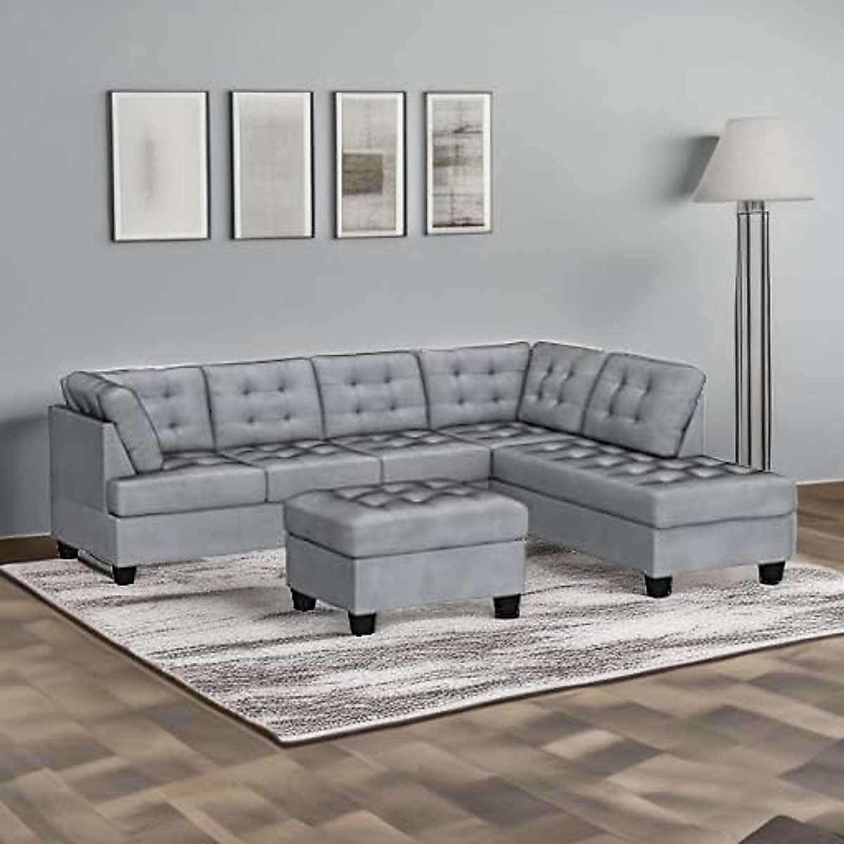 Casa Andrea Milano 3 Piece Modern Tufted Micro Suede L Shaped Sectional Sofa Couch with Reversible Chaise & Ottoman