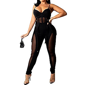 Uni Clau Women Sexy Spaghetti Strap Bodycon Tank One Piece Jumpsuit Mesh Patchwork See Through Long Pants Party Club Romper Black M