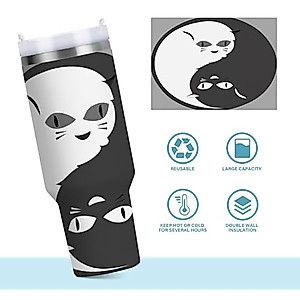 RPLIFE White Black Yin Yang Cats 40 Oz Tumbler, Stainless Steel Tumbler with Straw, Tea Tumbler