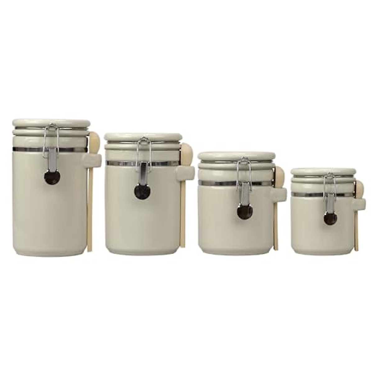 Home Basics Canister Sets For The Kitchen (4 Piece Set) Beige, High Gloss Ceramic Decorative Kitchen Set | With Wooden Spoons, Countertop Set For Flour, Sugar, Coffee, and Snacks