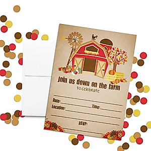 Rustic Old Fashioned Barn Fall & Autumn Barnyard Farm Birthday Party Invitations, 20 5x7 Fill In Cards with Twenty White Envelopes by AmandaCreation