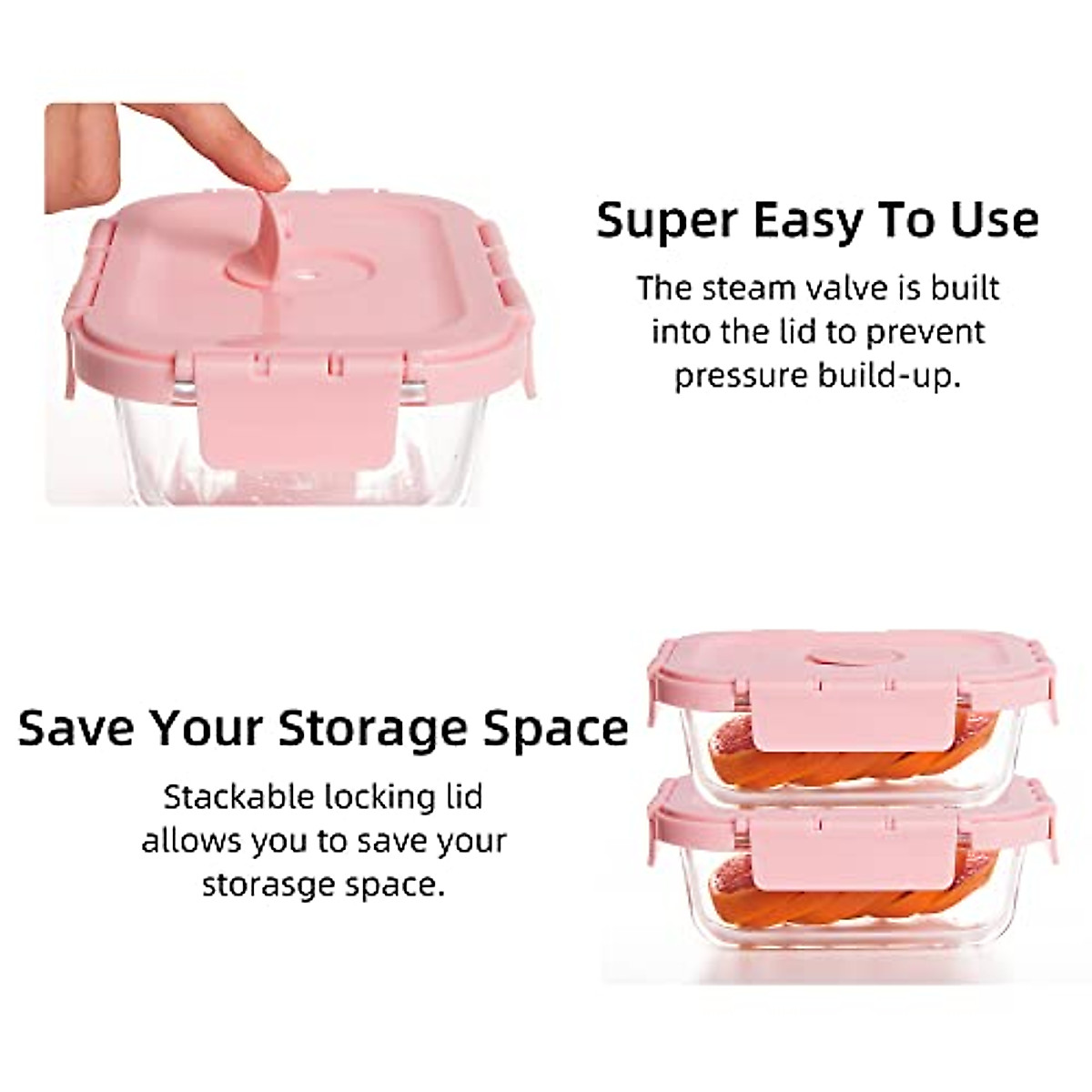 10 Pack Glass Meal Prep Containers with Lids and Steam Vent, Leak-Proof Food Storage Containers with Airtight Lids, Dishwasher / Microwave / Oven / Freezer Safe Glass Containers for Leftovers (Pink)
