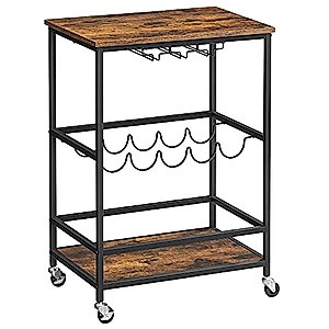 VASAGLE Bar Cart, Serving Cart with Wheels, Glass Stemware Rack and Wine Bottle Holders, 15.7 x 23.6 x 29.5 Inches, Industrial, Rustic Brown and Black ULRC087B01