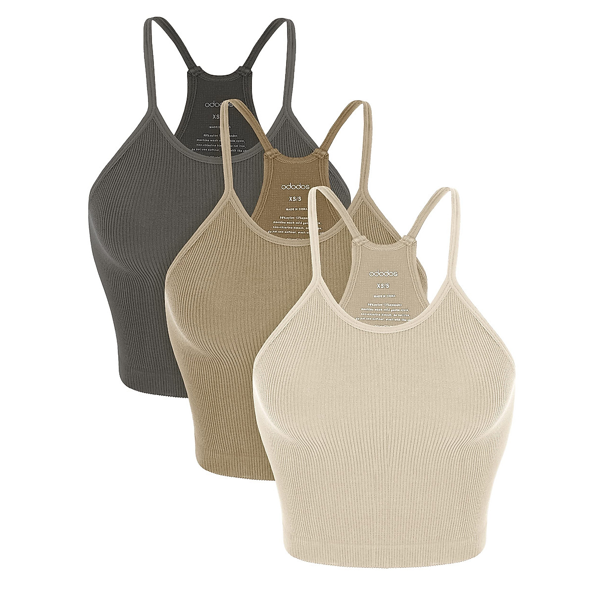 ODODOS Women's Crop 3-Pack Washed Super Soft Lightweight Rib-Knit Camisole Crop Tank Tops, Mushroom Taupe Charcoal, X-Large/XX-Large