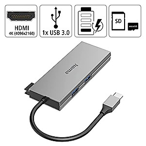 Hama USB C Hub 6 Ports (Multiport Adapter 1x HDMI 4K, 2X USB-A, 1x USB-C for Transfer Data and Charging with PD, 2X Card Reader SD and microSD, USB C Adapter 6-in-1 for Office, Home Office) Aluminium