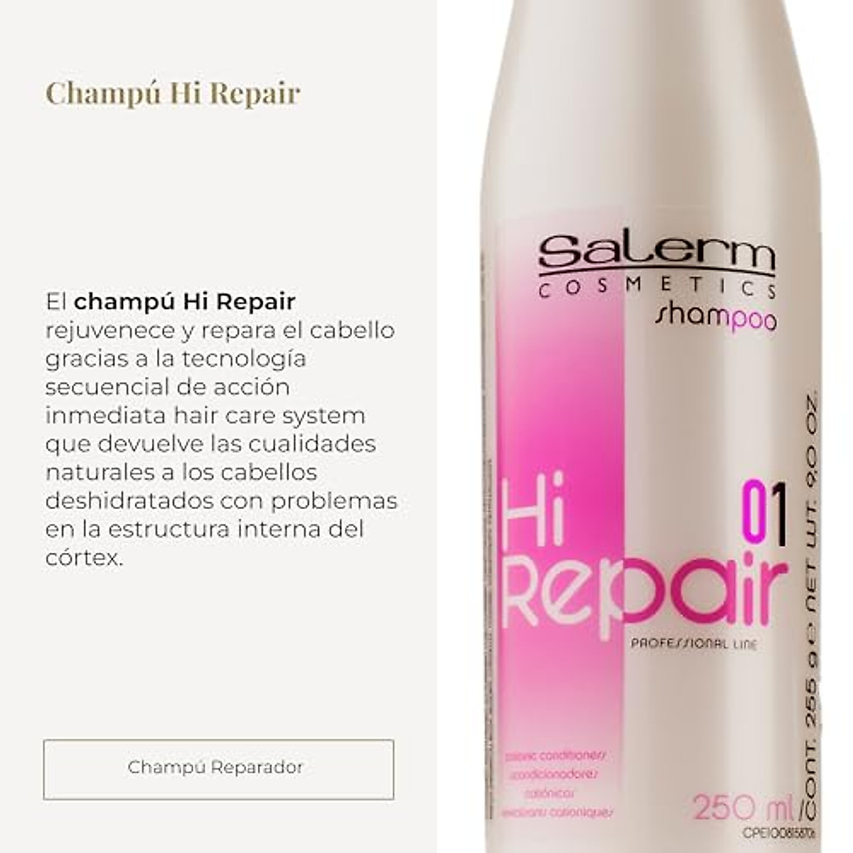 Salerm - Repair Shampoo - Hi Repair Shampoo - 250 ml - Deep Hydration for Damaged Hair - Repairs and Rejuvenates - Shinier and Softer Hair - Immediate Effect