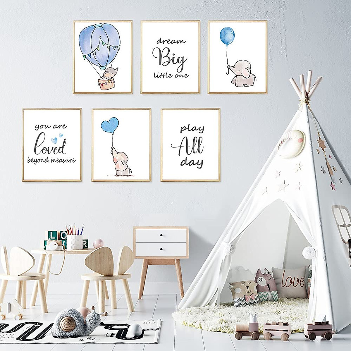 IIILUYOT Inspirational Elephant Decor, Baby Boy Nursery Wall Art Prints, Cute Elephant Nursery Wall, Dream Big Little One Decorations for Kids Nursery Boys Girls Room Set of 6 (8”X10”) Unframed