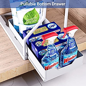 Puricon 2 Pack Under Sink Organizer, 2-Tier L-Shape Sliding Under Sink Organizers and Storage, Under Counter Storage Organizer Pull Out Under Sink Storage for Kitchen Bathroom -White