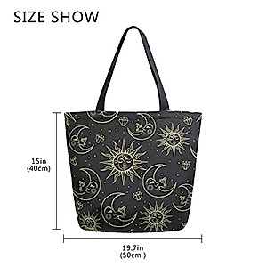 ALAZA Witchy Sun Moon Stars Large Canvas Tote Bag Shopping Shoulder Handbag with Small Zippered Pocket