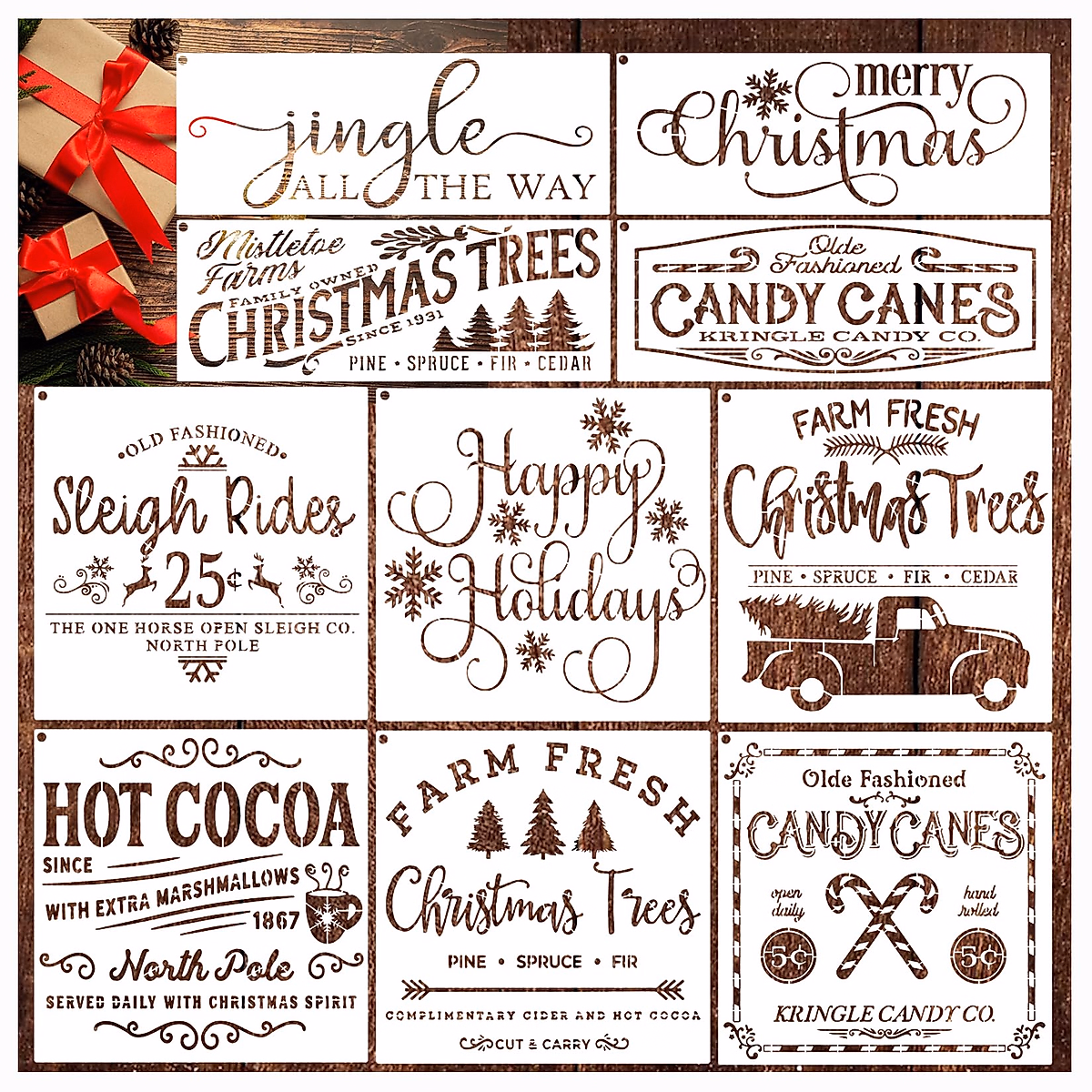 10 Pieces Large Christmas Stencils for Painting on Wood, Reusable Merry Christmas Stencil Candy Cane Christmas Tree Farm Template Holiday Stencils for Wood Sign DIY Crafts (10Pieces large christmas-1)