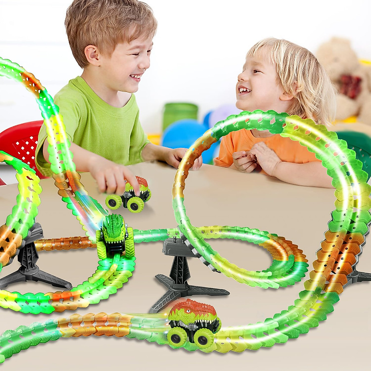 OSALON Dinosaur Race Car Tracks Toys Set for Kids Boys Girls Ages 3 4 5 6+ Electric Dinosaur Turkc Cars with Strong Suction Cup,Steady Tripod 130+ Pcs Train Car Tracks Birthday Gift Christmas