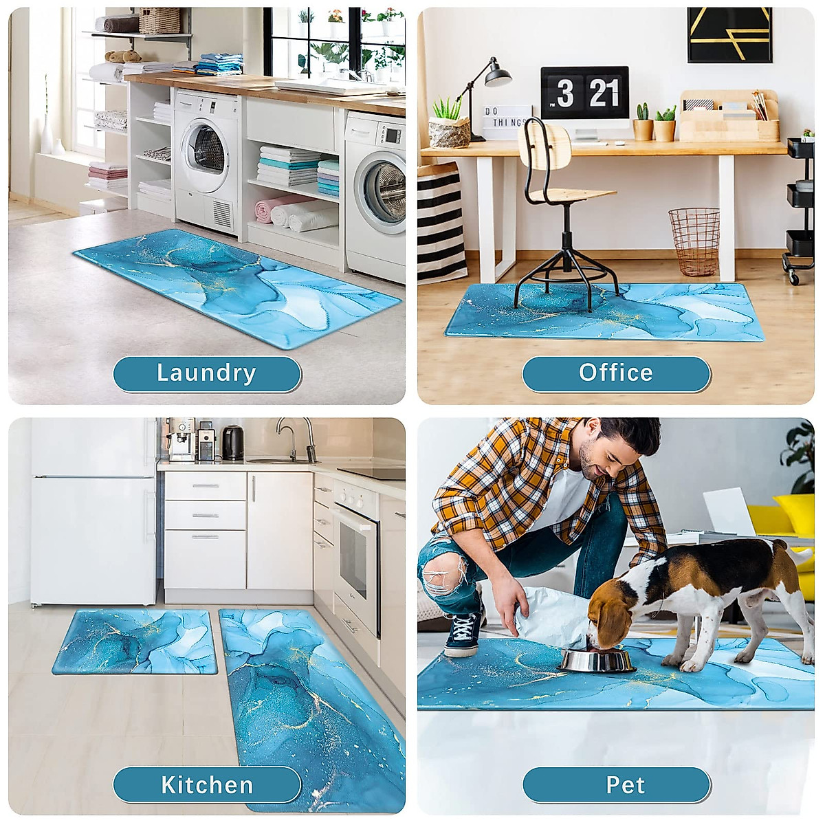 Sofort Kitchen Mat, Cushioned Anti Fatigue Kitchen Rug, Set of 2 Non Slip Waterproof Blue Marble Kitchen Mats for Floor, Comfort Standing Mats for Kitchen, Office, Sink, Laundry