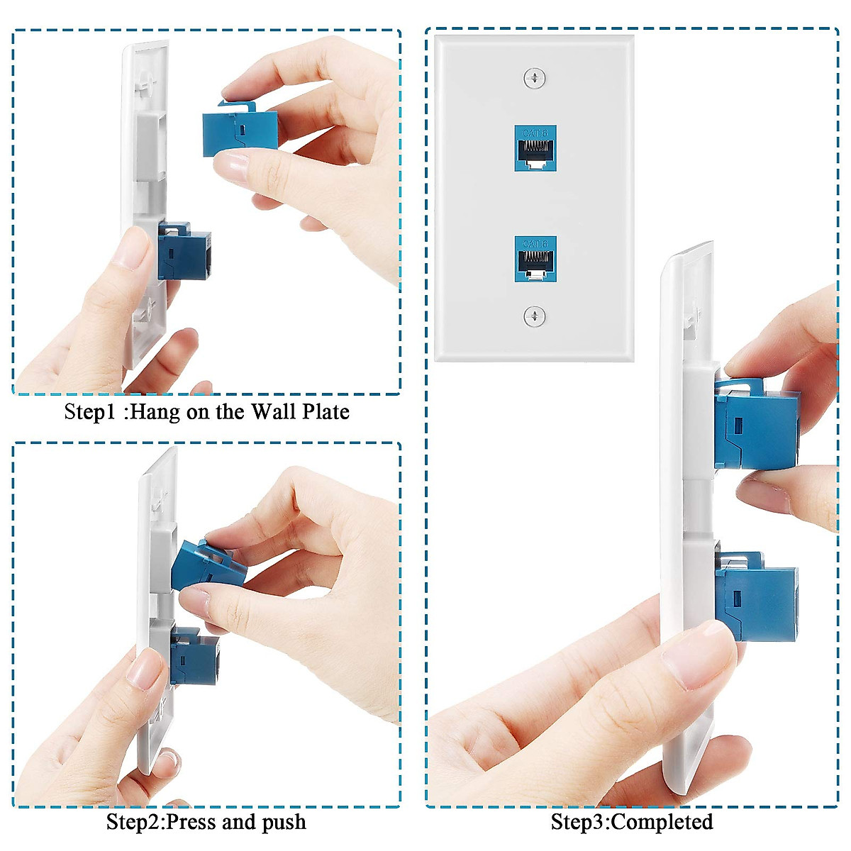 4 Pieces 2 Port Ethernet Wall Plate, RJ45 Cat6 Female to Female Jack Inline Coupler FacePlates (Blue)