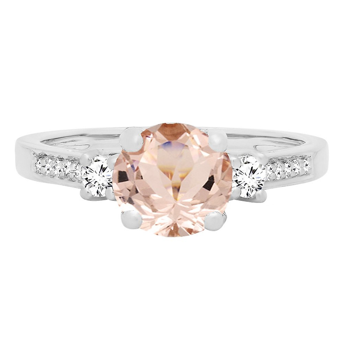 Dazzlingrock Collection 7mm Round Center Morganite & White Diamond 3 Stone Engagement Ring for Women in 18K White Gold, Size 7