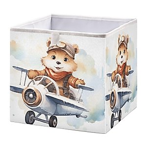 Foldable Storage Cube Cartoon Bear Flying A Plane Organizer Basket for Home Shelf