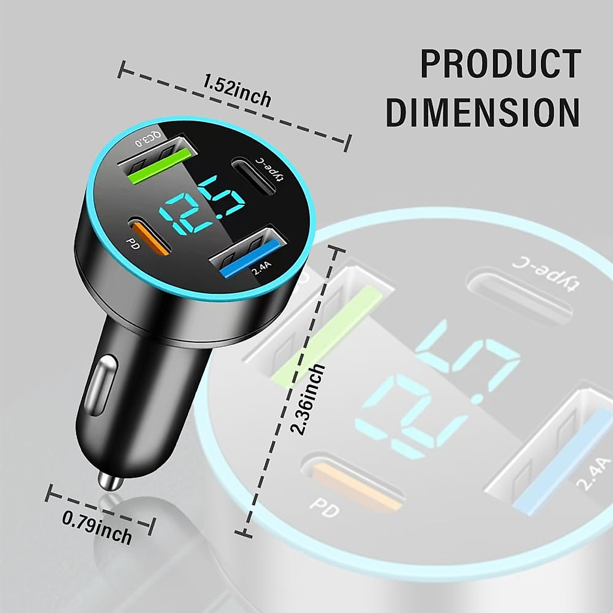 4-in-1 Fast Car Charger,PD/QC3.0/Type C Car Charger Fast Charging,Universal Car Phone Charger Cigarette Lighter USB Charger with Blue LED & Voltmeter for Car Truck SUV (QC3.0+Type-C+PD+2.4A)
